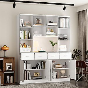 ECACAD Modern Wooden Bookcase with Shelves, 4 Doors and 4 Drawers, Tall Storage Display Cabinet Kitchen Pantry for Living Room, Home Office and Kitchen, White (15.7" D x 63" W x 78.7" H)