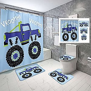 Svnthqp 4 Piece Monster Truck Waterproof Fabric Bathroom Sets with Non-Slip Rugs, Toilet Lid Cover and Bath Mat, Waterproof Shower Curtain with Standard Size