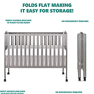 Dream On Me Full Size 2-in-1 Folding Stationary Side Crib in Steel Grey, Locking Wheels, Folds Flat for Storage, Comes with Teething Guard, Non-Toxic Finish