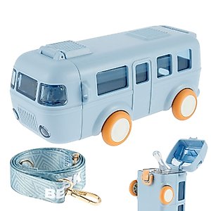 Car Straw Water Cup,500ml Portable Detachable Bus Water Bottle with Shoulder Strap Leak-Proof Kids Small Drinking Cup Cute Cartoon Water Jug Toy Locking Flip Lid Water Kettle for Kids (Blue)