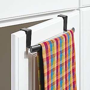 mDesign Steel Over Door Curved Towel Bar Storage, Hanger for Cabinet or Cupboard, Holder Rack for Kitchen, Bathroom - Holds Hand/Dish Towels, Washcloths - Spira Collection - Black