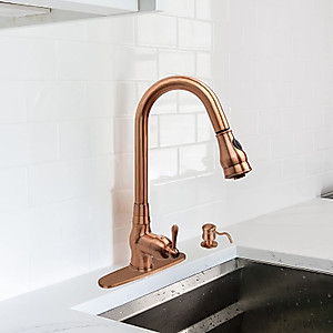 Copper Kitchen Faucet with Soap Dispenser, Single Handle Solid Brass High Arc Pull Down Sprayer Head Kitchen Sink Faucets with Deck Plate