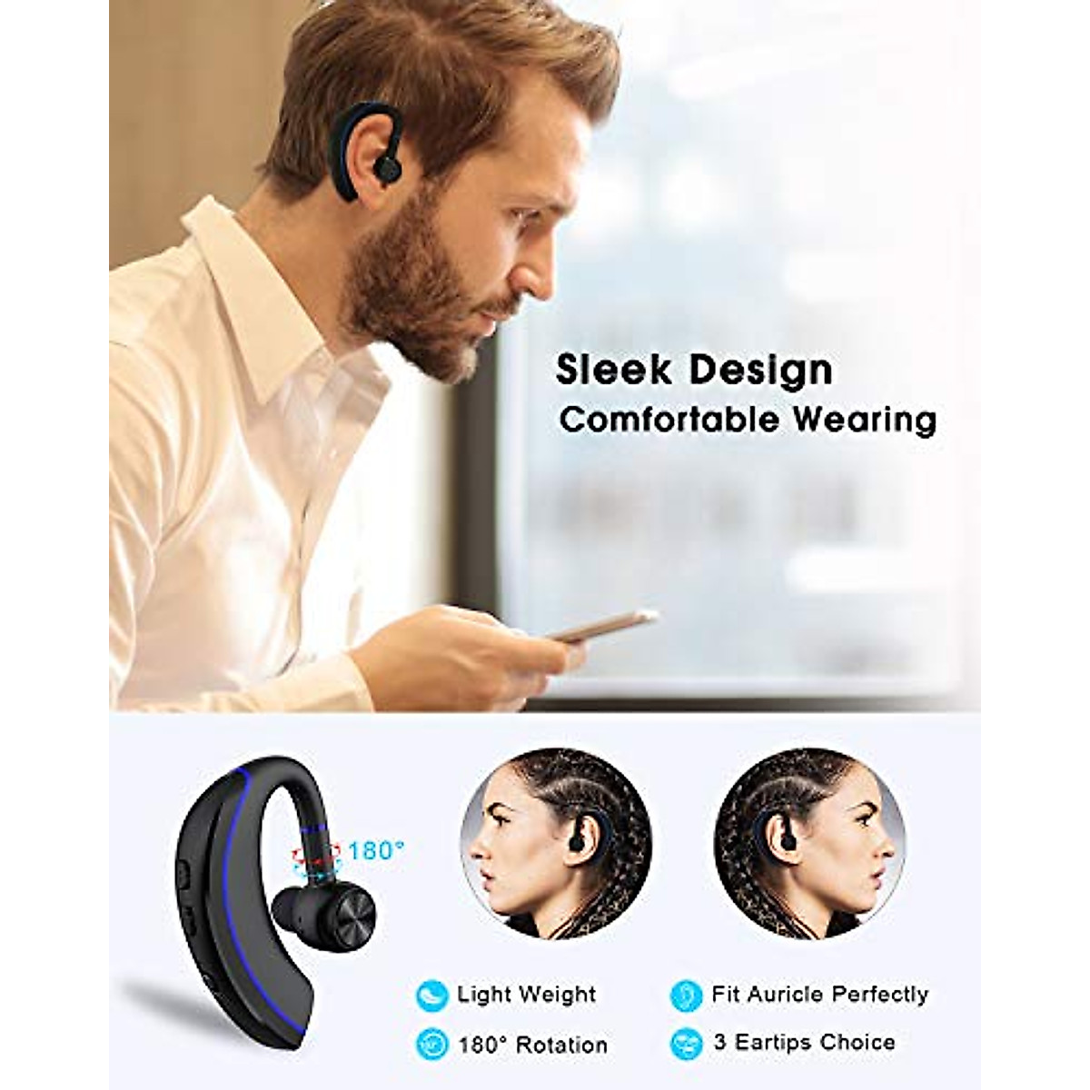 NANAMI Bluetooth Headset, Bluetooth Earpiece V5.0, 320Hrs Ultralight Headphones with Rotatable Mic, Hands-Free Earphones, Noise Cancelling, in-Ear Earbuds for iPhone Android Cell Phone/Laptop/Trucker