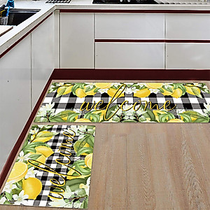 Aomike Summer Lemon Kitchen Mats 2 Piece, Lemon Green Leaves Flower Welcome Kitchen Rugs Set Buffalo Plaid Check Inside Floor Mat for Kitchen/Office/Entryway, 15.7" x 23.6"+15.7" x 47.2"