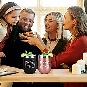 Gtmileo Daddys and Mommys Sippy Cup Stainless Steel Insulated Wine Tumbler Set, Mothers Day Fathers Day Christams Birthday Gifts for Dad Mom New Parents Papa Mama Anniversary(12oz, Rose Gold&Black)