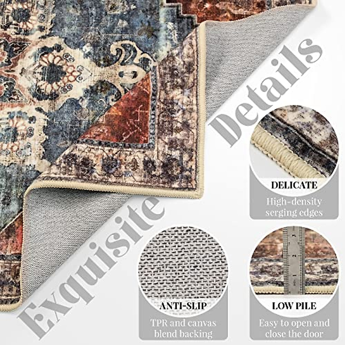 COLORPAPA Area Rug 5x7 Machine Washable Rugs Boho Living Room Rug Non-Slip for Bedroom Dinning Room Kitchen Hallway Blue Taupe Carpet