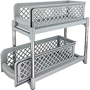 ZOINLIY Pull Out 2-Tier Storage Baskets Organizer with Handles Grey, Narrow Under Sink Organizer for Bathroom Kitchen, Cosmetic Organizer Drawers, Countertop Cabinet Storage Shelf Holder