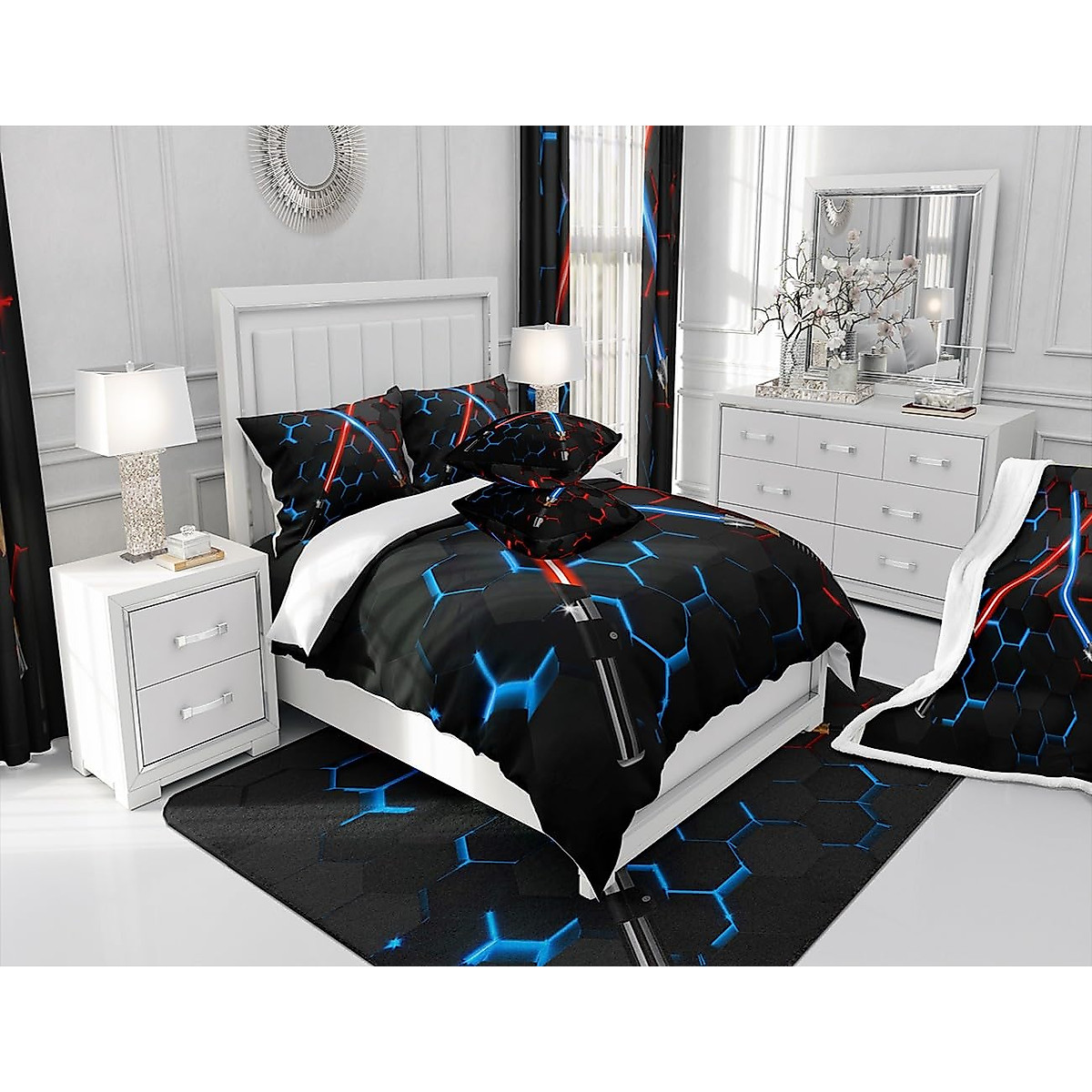 Geometric Honeycomb Duvet Cover Set Full Size Neon Red Blue Lightsaber Bedding Set 3Pcs for Kids Girls Boys Teens Room Decor Fashion Games Comforter Cover Black 3D Hexagon Quilt Cover,2 Pillowcases