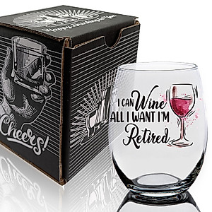 Toasted Tales - I Can Wine All I Want I'm Retired Wine Glass | Funny Retirement Gift for Women & Men | 2023 Wine Glass Gift | Office Coworkers Gift | Retirement Gifts For Teachers (15 oz)