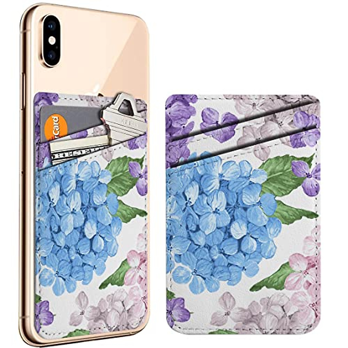 Diascia Pack of 2 - Cellphone Stick on Leather Cardholder ( Hydrangea Flowers Petals Leaves Watercolor Pattern Pattern ) ID Credit Card Pouch Wallet Pocket Sleeve