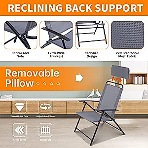 JOYTIO 4 Piece Patio Dining Set, Outdoor Garden Furniture Bistro Set with Tilted Removable Umbrella, 2 Folding Chairs, and Round Glass Table (Grey)