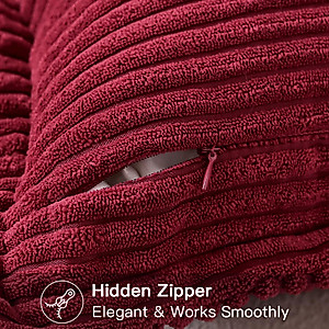 OTOSTAR Set of 2 Corduroy Throw Pillow Covers with Splicing Super Soft Boho Striped Pillow Covers Broadside Decorative Textured Throw Pillows for Couch Sofa Bed Living Room 18x18 Inch, Burgundy