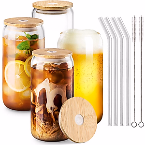 Clear 4-piece tumbler with bamboo lid and straw,16 oz iced coffee cup, home tumbler, suitable for beer, cocktails, tea and coffee