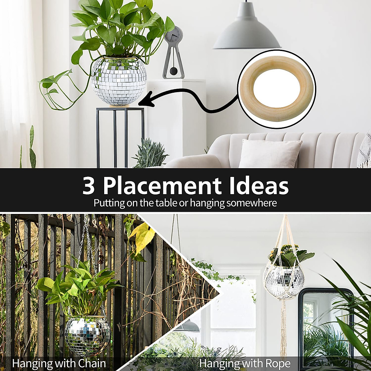 FGBNM 1/2/3pcs Disco Ball Planter, 4"/6"/8" Planter, Silver/Rose Gold Planter, Disco Ball Plant Hanger with Hanging Rope, Hanging Chain, Hook, Circle and Extra Mirror Pieces (6" Silver, 1pcs)