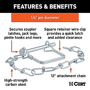 CURT 25012 Trailer Coupler Pin with 12-Inch Chain, 1/4-Inch Diameter x 2-3/4-Inch Long