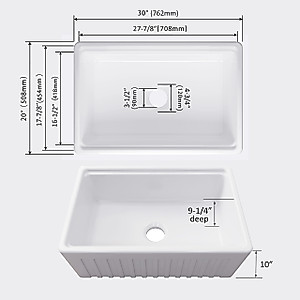 MEJE #KS 30x20 inch Apron-front Step Rim Workstation Farmhouse Kitchen Sink,Ceramic Single Bowl with Cutting Board,Grid & Strainer - White