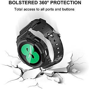 VeveXiao Rugged Case Band Compatible with Samsung Galaxy Watch 4 40mm 44mm , Replacement Strap bulid-in Bumper Cover Accessories for Men Women, Galaxy Watch 4 44mm, black