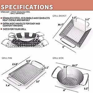 Extreme Salmon 3-Piece Mini Small Grill Topper Set, Heavy Duty Stainless Steel BBQ Grill Wok Grill Basket Grill Pan Set Grill Accessories Perfect for Grilling Vegetable, Diced Meat, Seafood and More
