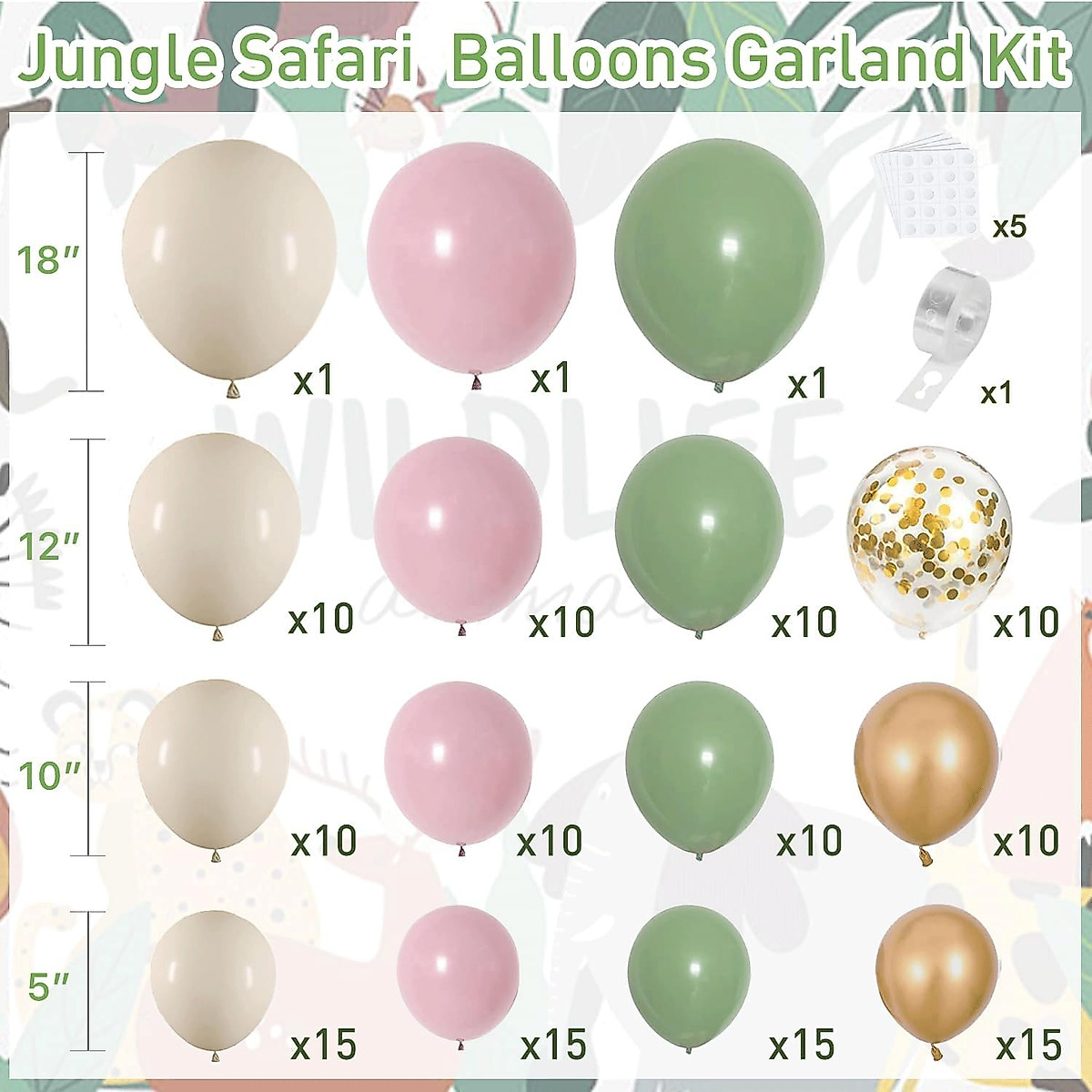 Sage Green Pink Balloon Arch Kit, Olive Green Light Pink Sand White Blush Metallic Gold Balloons with Gold Confetti Balloons for Girl Birthday Woodland Baby Shower Jungle Safari Decorations…