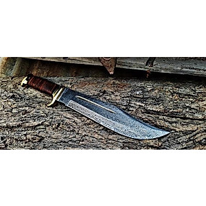 Hadi Enterprises-15" Handmade Damascus Hunting Knife with Leather Sheath - Ideal for Skinning, Camping, Outdoor -Fixed Blade Bushcraft Knife with Leather Handle-(LK-001)