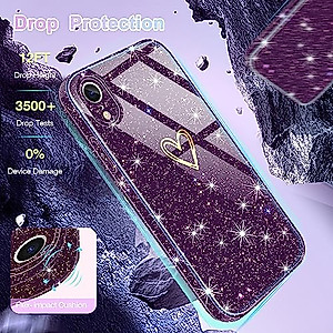 Qviskteme for iPhone XR Case Cute,Clear Glitter with [1 x Tempered Glass Screen Protector] Sparkly Bling Shockproof Bumper Protective Soft Silicone Phone Cover Case for Women Girls(Dark Purple)