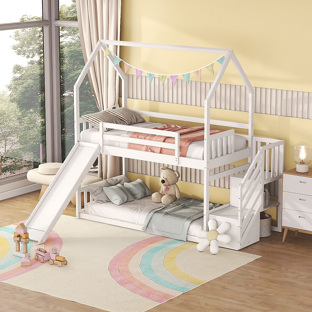 Bellemave House Bunk Beds with Stairs and Slide Low Twin Over Twin Solid Wood Floor Bunk Bed for Kids Girls Boys Teens, White