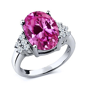 Gem Stone King 925 Sterling Silver Pink Created Sapphire Ring For Women (6.30 Cttw, Oval 12X10MM, Available 5,6,7,8,9) (Size 6)