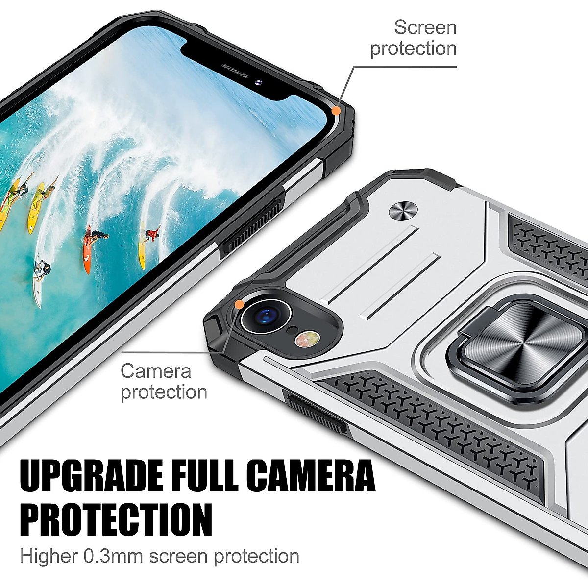 JAME Case for iPhone XR Cases with Screen Protector 2PCS, Military-Grade Drop Protection, Protective Xr Phone Case, Shockproof Bumper XR Case with Ring Kickstand, for iPhone XR 6.1 Inch Silver