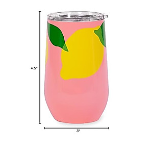 kate spade new york Insulated Stainless Steel Wine Tumbler, 16 Ounce Double Wall Tumbler, Pink Stemless Travel Cup with Lid, Lemon Toss