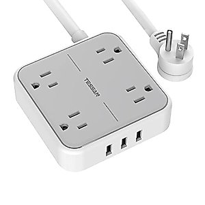 Power Strip with 3 USB Ports, TESSAN 5 ft Extension Cord Flat Plug with 4 Outlets, Indoor Desk Charging Station, Mountable Compact for Travel, Cruise Ship, Office, School, Dorm Room Essentials Gray