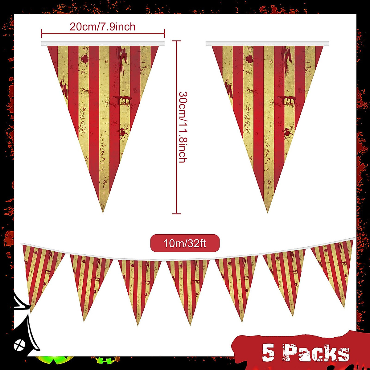 5 Packs Carnival Circus Party Decorations Halloween Striped Pennant Banner Bloody Splatter Carnival Decor Triangle Bunting Flag for Carnival Birthday Halloween Party Decorations, 7.9 x 11.8 Inches