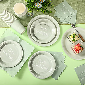 Mifoci 122 Pcs Baby Shower Sage Green Party Supplies Include 7 Inch 9 Inch Disposable Sage Green Paper Plates 9 oz Paper Cup Sage Green Napkin Cocktail Napkins