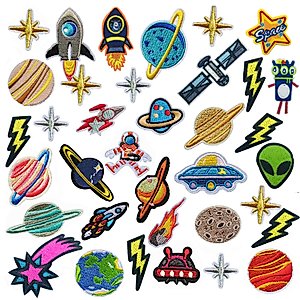 35 PCS Iron on Patches Solar System Appliques Stickers Woohome Embroidered Space Planets Patches Applique Kit for Clothing, Jackets, Backpacks, Jeans