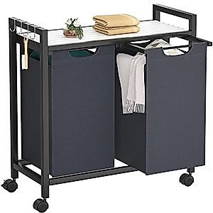 Homykic Laundry Hamper with Wheels, 100L Pull-Out Laundry Basket with Shelf, 2-Section Laundry Sorter Cart with Removable Laundry Bags 4 Hooks for Clothes, Bamboo Top and Metal Frame, White+Black