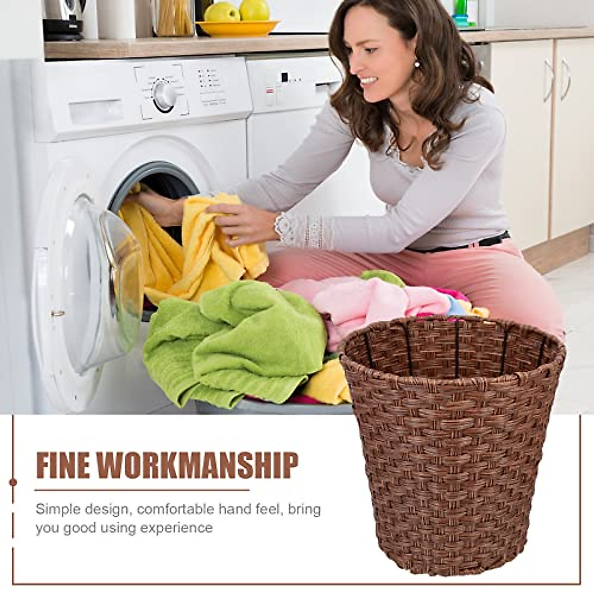 Zerodeko Wicker Laundry Hamper Round Rattan Woven Laundry Basket Dirty Clothes Hamper Decorative Wastepaper Storage Basket for Laundry Room Bathroom Bedroom Coffee