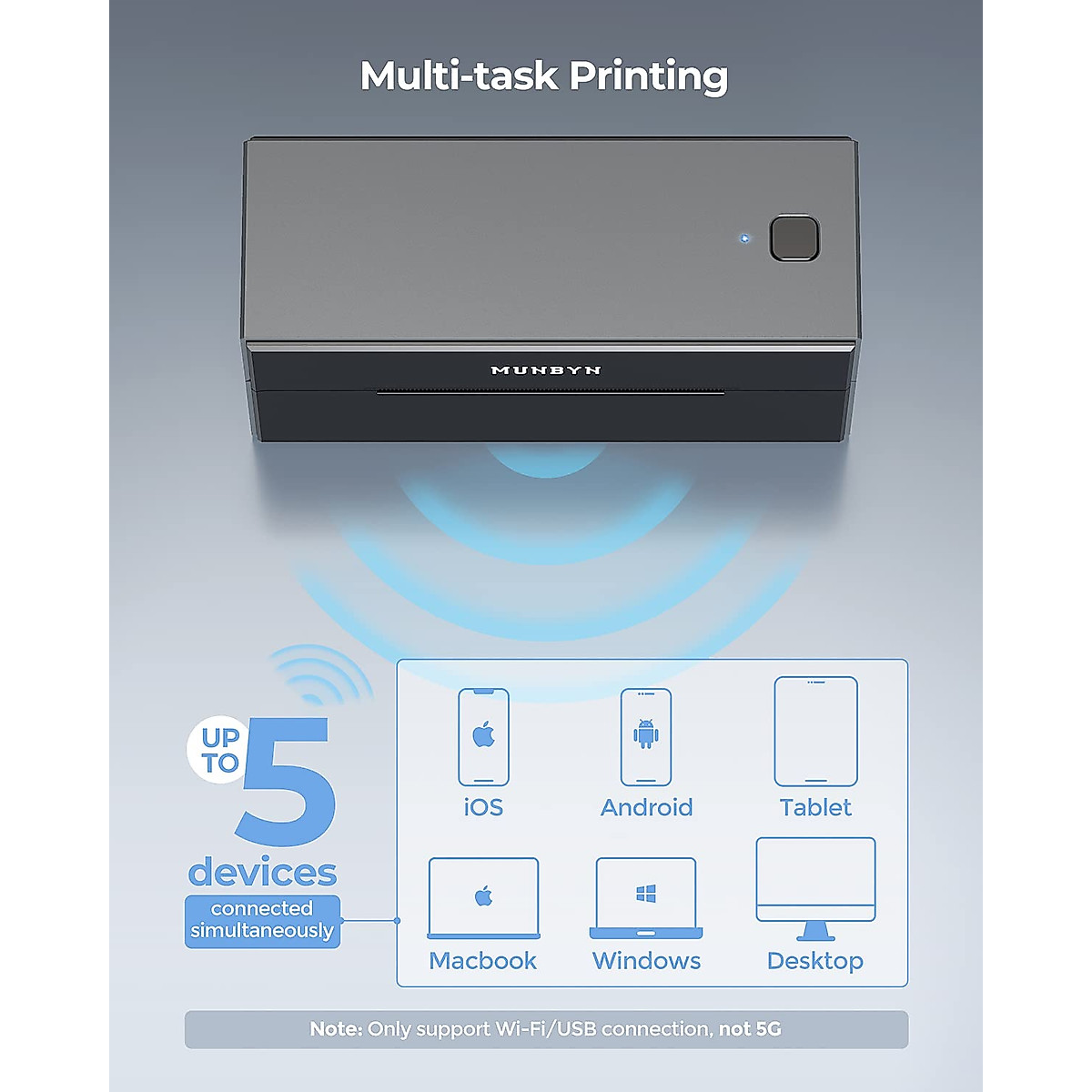 MUNBYN Wi-Fi Thermal Label Printer, 129S Wireless High Speed 4x6 Shipping Label Printer for Small Business & Package, Multi-Task Printing Printer Widely Used for Etsy, Ebay, Shopify, USPS