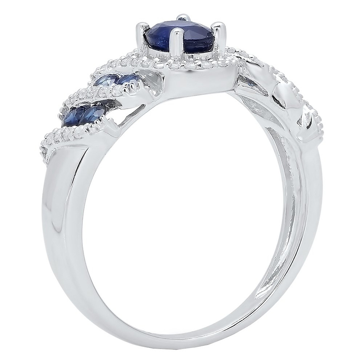 Dazzlingrock Collection Sterling Silver 6X4 MM Oval & Round Cut Blue Sapphire & Round Diamond Engagement Ring, Size 9