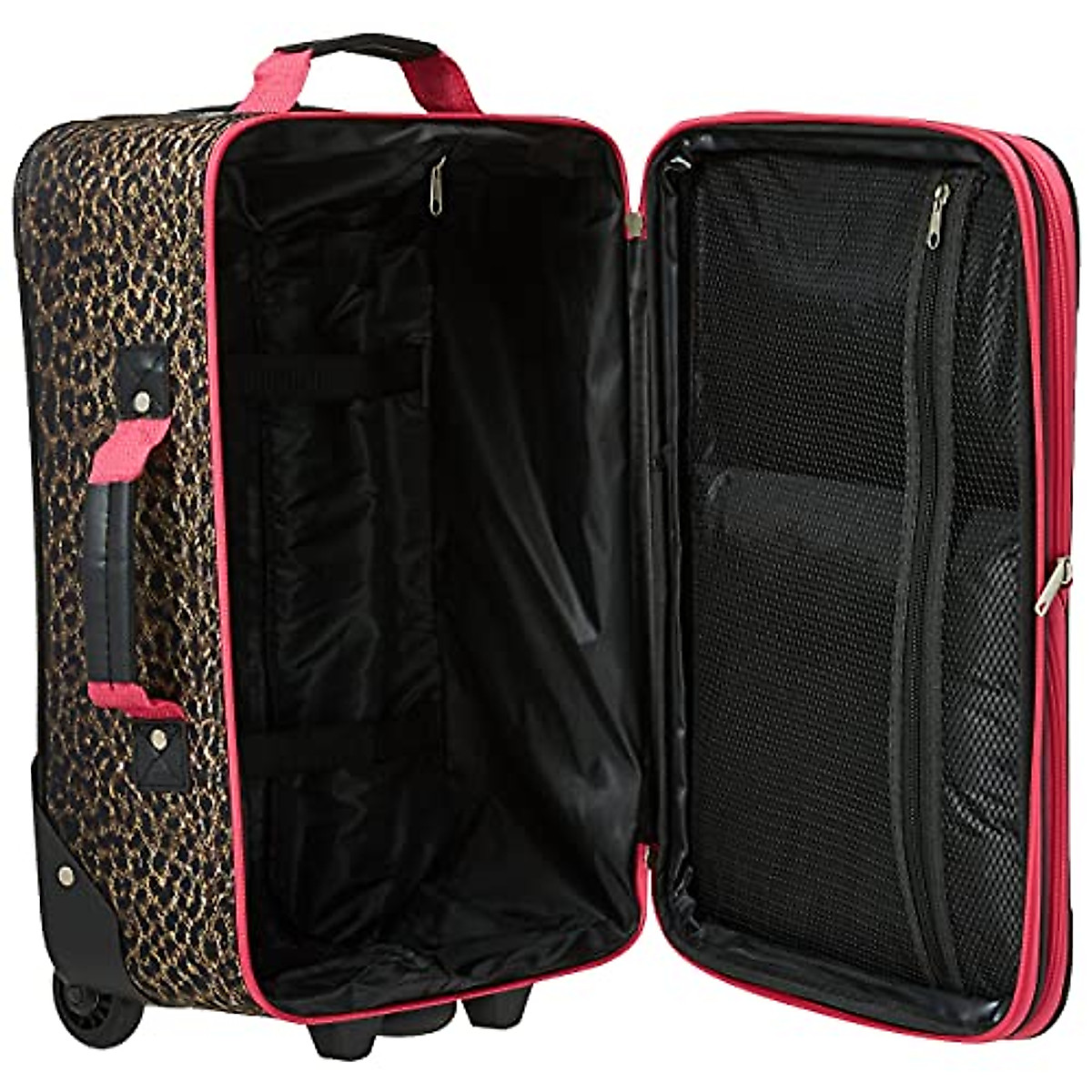 Rockland Fashion Softside Upright Luggage Set, Expandable,Lightweight,Telescopic Handle,Wheel, Pink Leopard, 2-Piece (14/19)