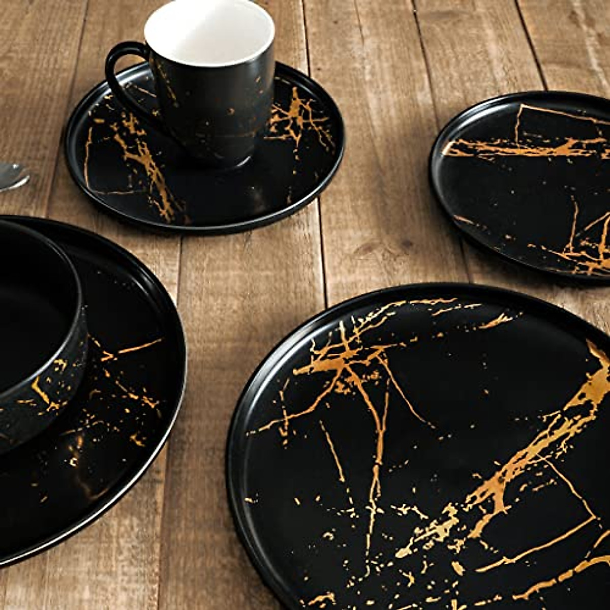Stone Lain Modern Gold Splash Exquisite Fine China Dinnerware Set, 16 Piece - Service for 4, Black & Gold