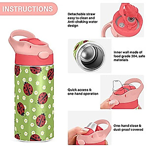 ALAZA Ladybug Kids Water Bottles with Lids Straw Insulated Stainless Steel Water Bottles Double Walled Leakproof Tumbler Travel Cup for Girls Boys Toddlers 12 oz,Pink
