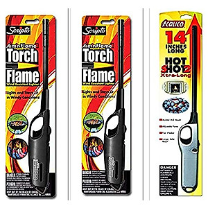 3 Pack Combo - 2 Pack Scripto Multi Purpose Wind Resistant Lighter (Assorted Color) + 1 Pack Calico Hot Shot 2 Xtra Long for Camping Grilling Home, Adjustable Flame
