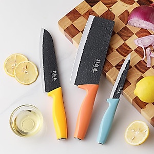 3PCS Kitchen Knives, HIA Stainless Steel Chef Knife Set, Includes 7 inch Chef Knife, 7 inch Cleaver Knife and 4.5 inch Boning Knife, Ultra Sharp Blade with Ergonomic ABS Handle (Blue, Yellow, Orange)