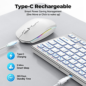 FENISIO Wireless Keyboard Mouse, Ultra Slim Bluetooth 2.4G Slient Wireless Keyboard and Mouse Combo with Backlit, Multi-Device USB Rechargeable Keyboard Mouse for Laptop PC Windows Desk (Silver White)