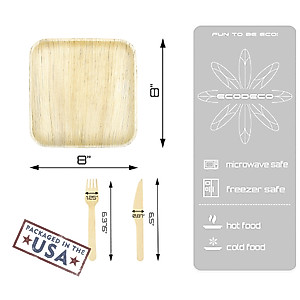 Ecodeco Palm Leaf Compostable Plates - 50 pcs - Square - Disposable Eco Friendly Like Bamboo Party Plates with Cutlery - 8 Inch