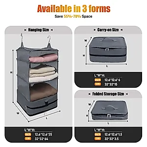 Lilyfantasy Portable Hanging Travel Shelves Bag, Travel Packing Cube Organizer, Large Capacity Carry-On Closet, Foldable Suitcase Storage with 4 Compartments (Grey)