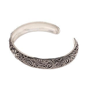 NOVICA Artisan Handmade Sterling Silver Cuff Bracelet Swirl Motif from Bali No Stone Indonesia [6 in L (end to End) x 0.4 in W] ' Shrine Swirls'