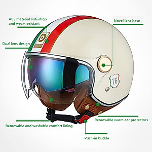 Open Face Helmets Light Breathable Street Sunscreen Moped Half Helmet with Sun Visor Cool Girl Style Retro Vespa Half Helmet for Men and Women Cruiser Scooter ATV, DOT Approved -E-L