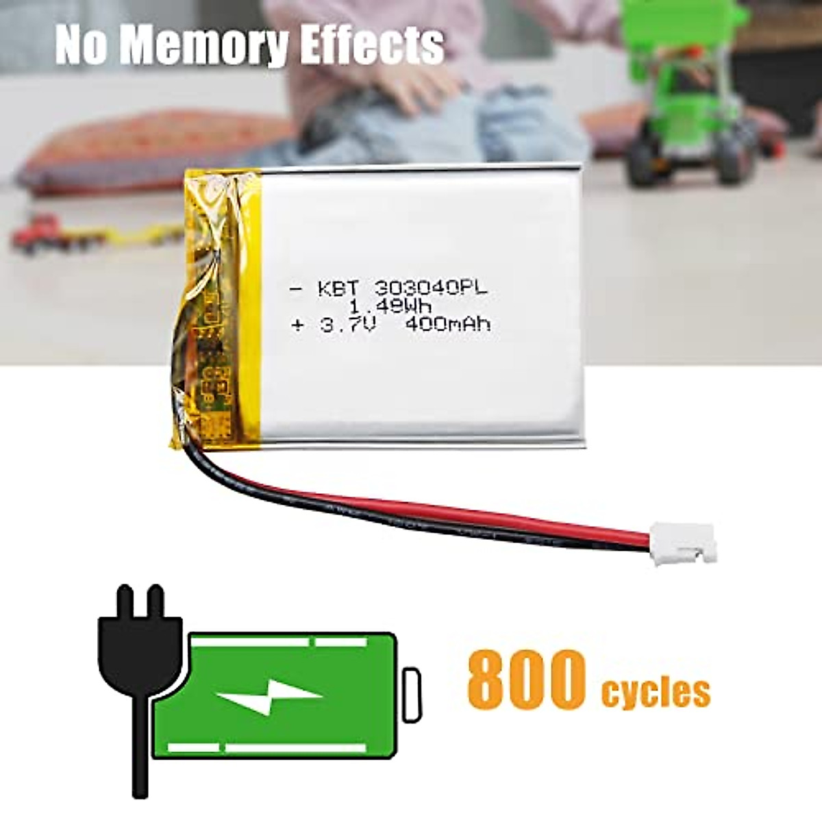 KBT 3.7V 400mAh Li-Polymer Battery: 303040 Rechargeable Lithium-ion Batteries Replacement with 2.0 JST Connector for Car Dash Video Recorder, Digital Camera, Electric Toys, Headlamp, GPS Devices