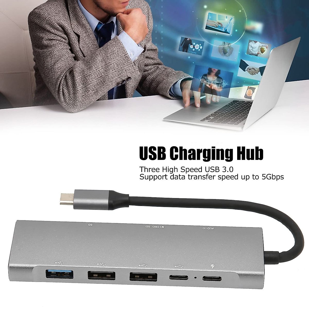 USB Charging Hub, Powerful Docking Station 5Gbps Data Transmission Read TF Card Plug and Play for Laptop for Projector for Computer