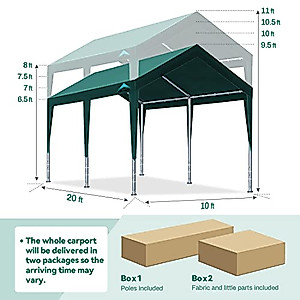 ADVANCE OUTDOOR Adjustable 10x20 ft Heavy Duty Carport Car Canopy Garage Boat Shelter Party Tent, Adjustable Height from 9.5 ft to 11 ft, Green